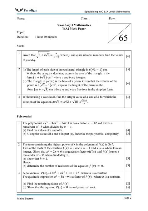 Secondary 3 A Math Exam Papers Best Sec 3 A Math Notes Paradigm
