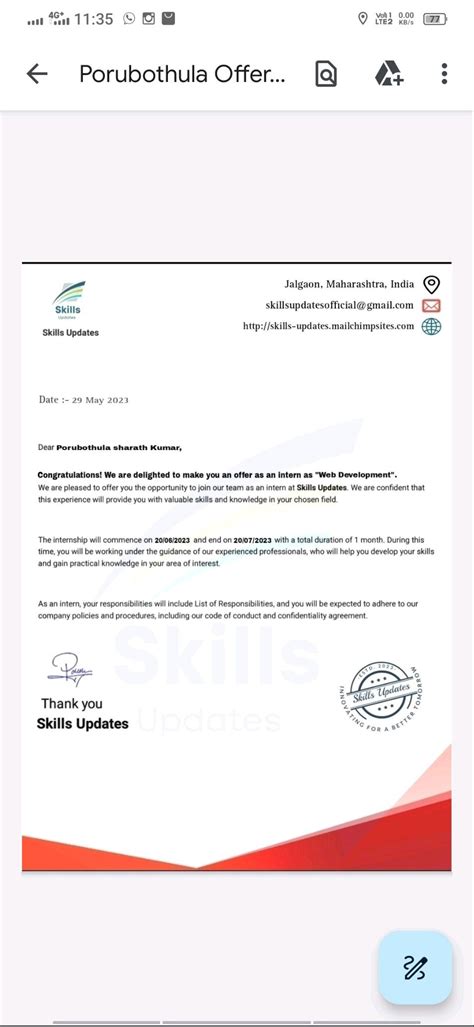 Sharath Kumar Porubothula On Linkedin I Accepted Skills Update Intership Of Offer Latter