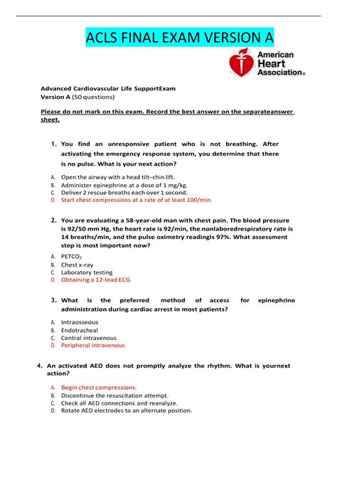 Acls Exam Version A Questions With Correct Answers Acls Stuvia Us