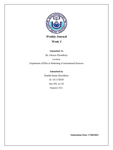 Weekly Journal Week 2 Ms Fairuze Chowdhury Lecturer Department Of Bba In Marketing