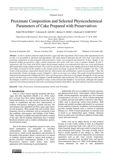 Pdf Proximate Composition And Selected Physicochemical Parameters Of Cake Prepared With