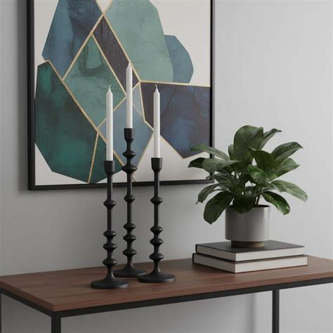 Set Of Three Black Geometric Metal Tabletop Taper Candlesticks