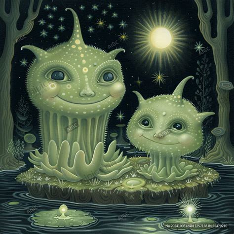 Ai创作图奇幻生物插画 小精灵插画 外星生物手绘图插画 可爱小怪兽插画 可爱小水怪 小怪物装饰画 星月河幻想插画 怪兽元素插画 原创卡通小精灵 奇幻爱丽斯仙境插画 海怪插画 可爱的水精灵 一对