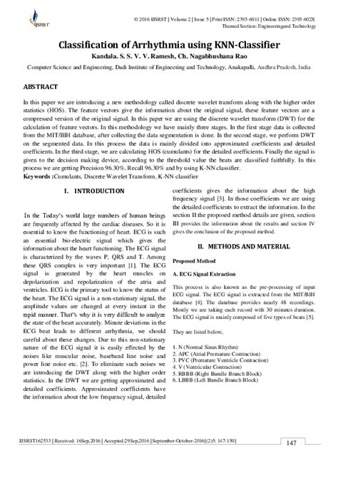 pdf classification of arrhythmia using knn classifier