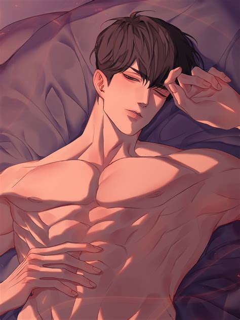 Yum Hamin Plave Absurdres Highres Korean Commentary Boy Abs Arm Up Bed Sheet