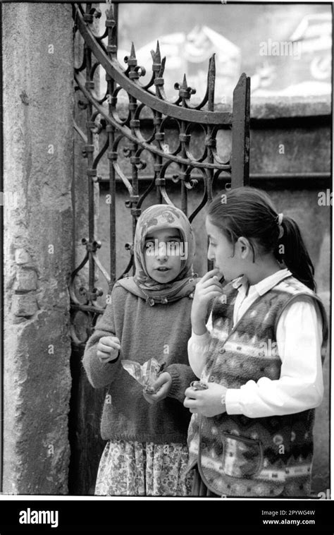 Ethnology Turkey Two Young Girls In Istanbul One With A Headscarf