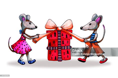 기호 2020 쥐 마우스는 새해를 축하하고 선물을 엽니 다 마커와 만화 손으로 그린 그림 어린이 용품 겨울 크리스마스 패턴의