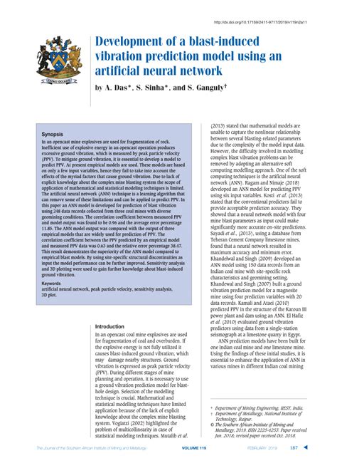 Pdf Development Of A Blast Induced Vibration Prediction Model Using An Artificial Neural Network