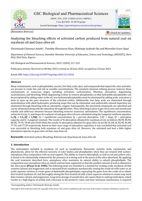 Pdf Analyzing The Bleaching Effects Of Activated Carbon Produced From Natural Coal On Soyabean
