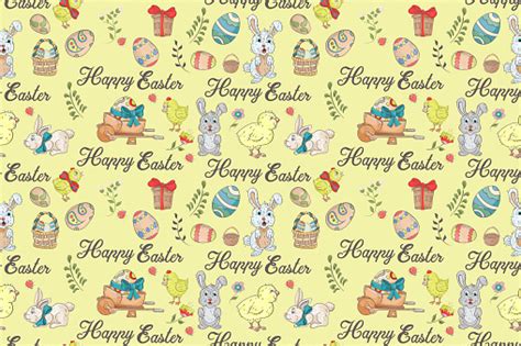 부활절 1 휴일 원활한 일러스트 패턴 색상 도면 휴일 속성 및 인사말 비문에 디자인 디자인 배경에 대 한 낙서의 스타일에 격리 개념에 대한 스톡 벡터 아트 및 기타 이미지