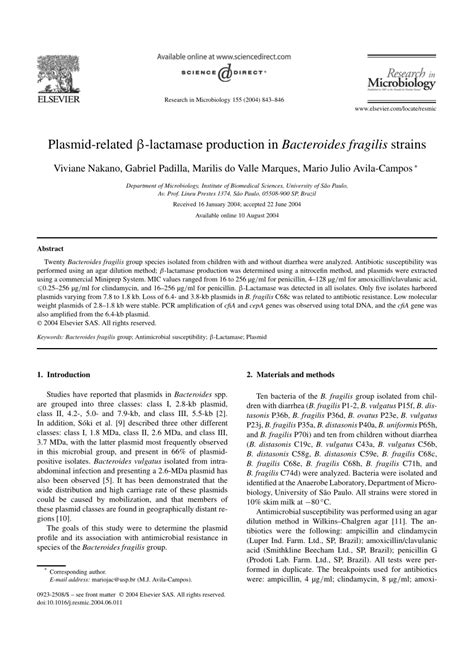 Pdf Plasmid Related β Lactamase Production In Bacteroides Fragilis