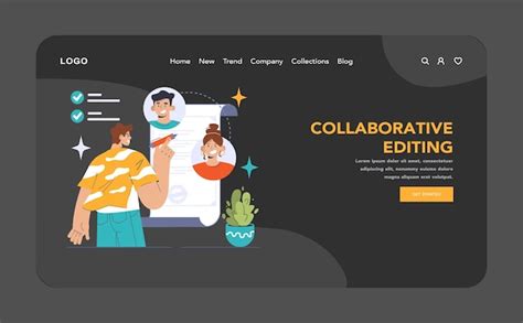 Premium Vector Collaborative Editing Dark Or Night Mode Web Landing Team Members Sharing A