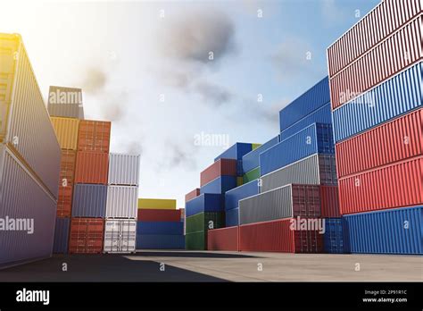 Warehouse Of Stacked Cargo Standard Containers For Temporary Storage Loading Unloading And