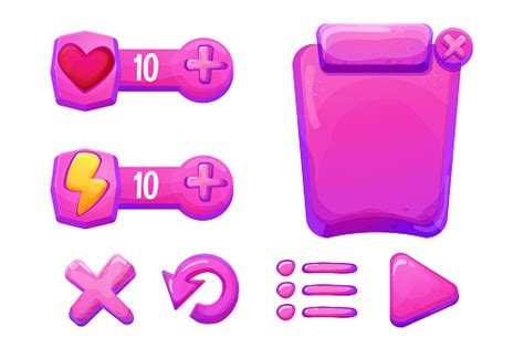 Jelly 판타지 인터페이스 템플릿 게임 메뉴 및 흰색 배경에 고립 된 만화 스타일의 버튼을 설정하십시오 Ui 자산 설정 디자인용 프레임 캐주얼 웹 2d 요소 벡터 일러스트