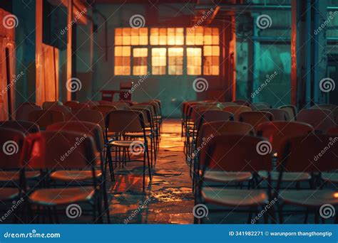 Abandon Empty Classroom With Desks Chairs Arranged Neatly And Sunset