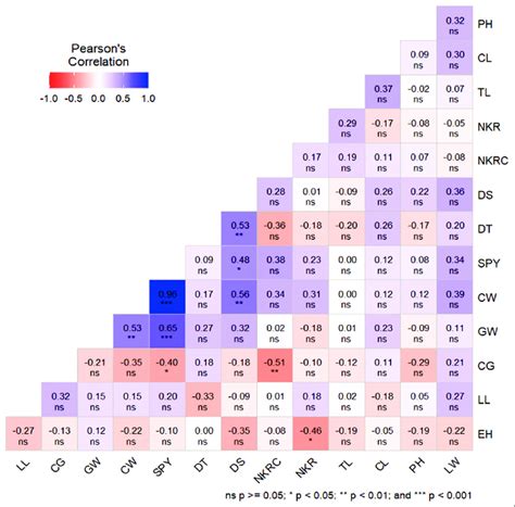 correlation plot representing the morphological and yield related