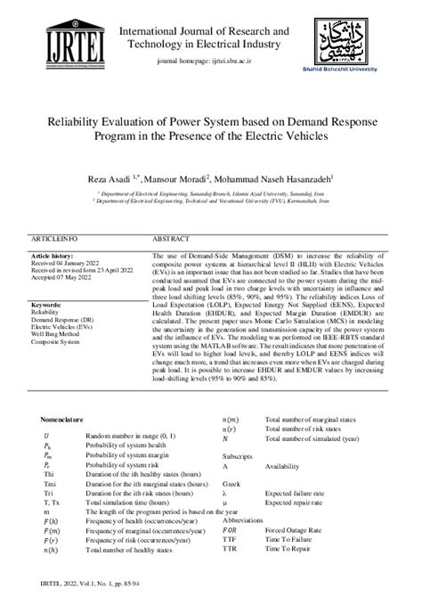 Pdf Reliability Evaluation Of Power System Based On Demand Response Program In The Presence Of