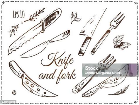 나이프와 포크 벡터 일러스트 레이 션의 설정 손 칼 흰색 배경에 고립의 그린된 스케치 빈티지 주방 식기 컬렉션을 한다면 요리하기 음식 준비에 대한 스톡 벡터 아트 및 기타