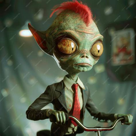 Premium Photo Cartoon Alien Riding Bike With Red Tie