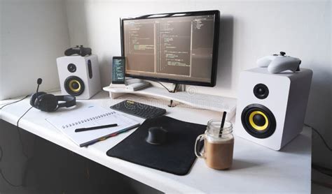 Empty Modern Developer Workplace For Writing Code With Computer Desktop And Comfy Armchair Stock