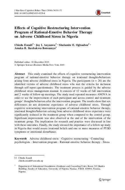 Pdf Effects Of Cognitive Restructuring Intervention Program Of Rational Emotive Behavior