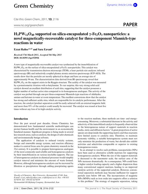 Pdf Cheminform Abstract H3pw12o40 Supported On Silica Encapsulated Fe2o3 Nanoparticles A