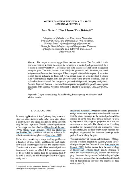 Pdf Output Maneuvering For A Class Of Nonlinear Systems Roger Skjetne