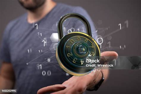 Persons Finger Touching A 3d Rendered Security Concept With Floating Padlock And Binary Code