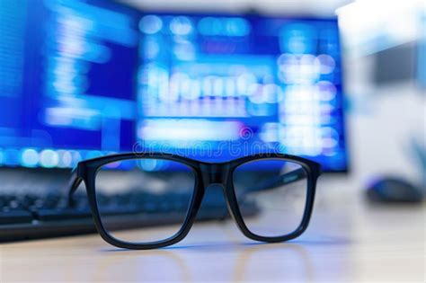 Black Glasses Sit On A Desk In Front Of A Computer Screen Displaying Blue Code Generative Ai