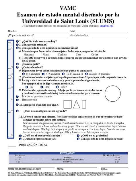 Examen Slums En Español Para Evaluación Cognitiva Pdf Ocio