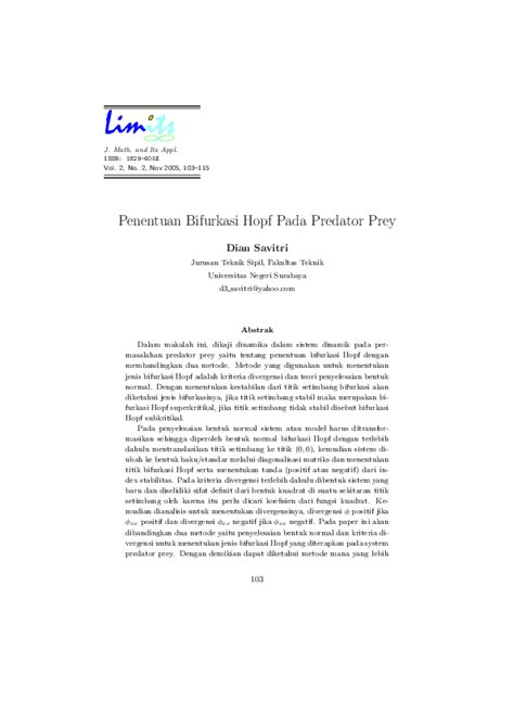 Pdf Penentuan Bifurkasi Hopf Pada Predator Prey