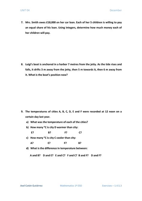1 Eso Unit 04 Exercises 145 Integer Problems Pdf
