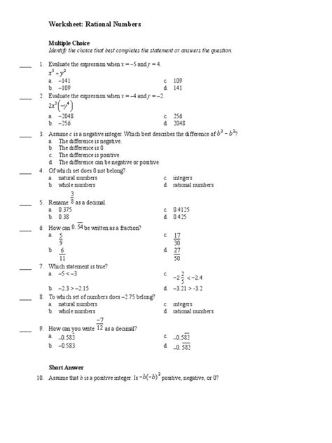 Worksheet Rational Numbers Pdf Rational Number Integer