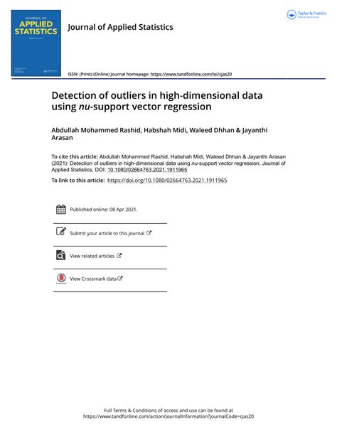 Pdf Detection Of Outliers In High Dimensional Data Using Nu Support Vector Regression