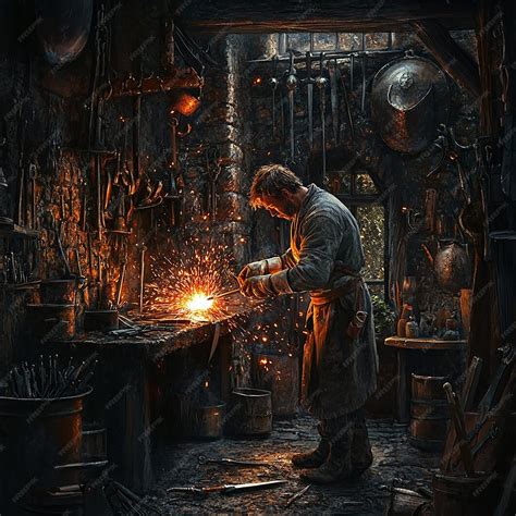 Traditional Blacksmith Welder In Rustic Workshop Premium Ai Generated