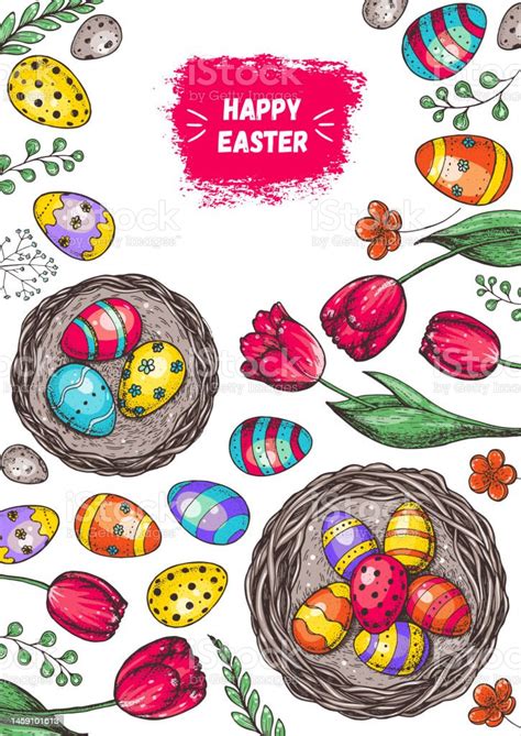 행복 한 부활절 빈티지 프레임입니다 손 그린된 템플릿 디자인에 대 한입니다 부활절 달걀 봄 튤립과 분기 컬렉션입니다 만화 스타일의 일러스트입니다 4월에 대한 스톡 벡터 아트