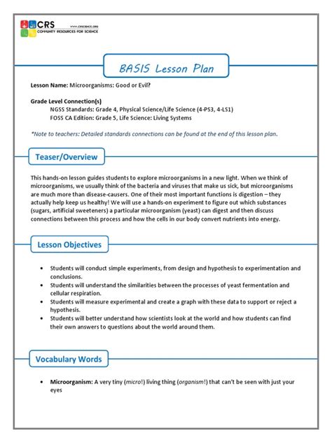 Basis Lesson Plan Teaseroverview Pdf Microorganism Science