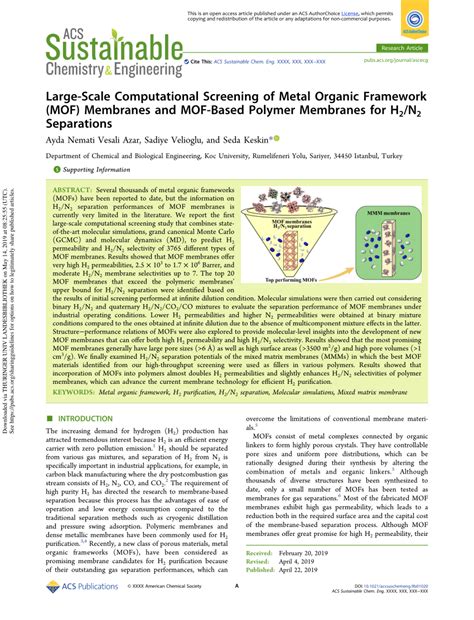 Pdf Large Scale Computational Screening Of Mof Membranes And Mof Based Polymer Membranes For