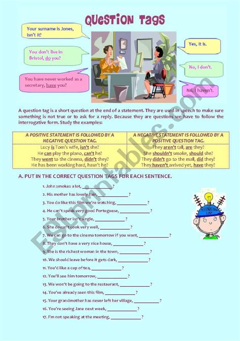 QUESTION TAGS RULES EXERCISES ESL Worksheet By Helenarechena