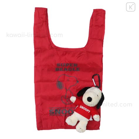 Japan Peauts Eco Shopping Bag And Mascot Plush Snoopy Red Kawaii