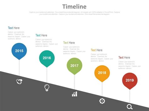 five staged sequential timeline with icons powerpoint slides