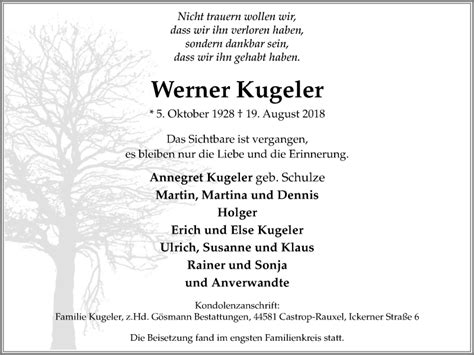 Traueranzeigen Von Werner Kugeler Trauer In Nrw De