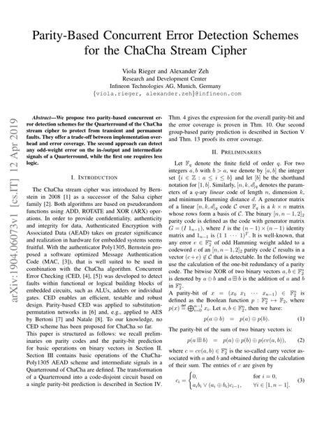Pdf Parity Based Concurrent Error Detection Schemes For The Chacha