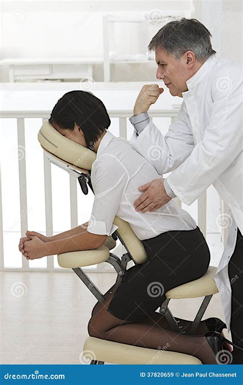 Businesswoman Sitting On Massage Chair Stock Image Image Of Pressing