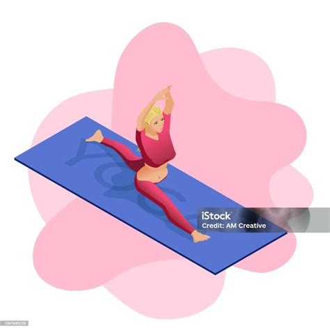 요기 소녀 하 고 전면 분할 위에 A 요가 매트 입고 다채로운 바지 에 Isometric 관점 3차원 형태에 대한 스톡 벡터 아트 및 기타 이미지 Istock