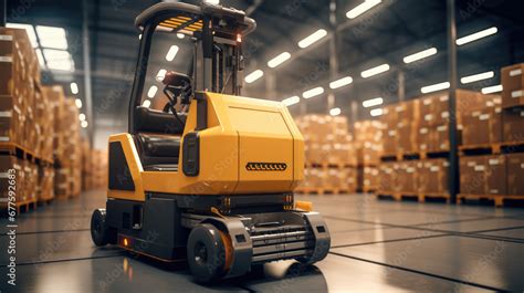 A Robotic Fully Automated Forklift Fetching Boxes In A Warehouse Stock