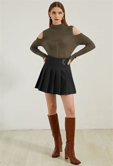 Belted Pleated Flare Mini Skirt In Black Retro Indie And Unique Fashion