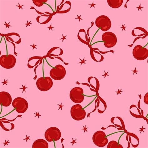 Cute Cherries With Bows And Stars Pattern