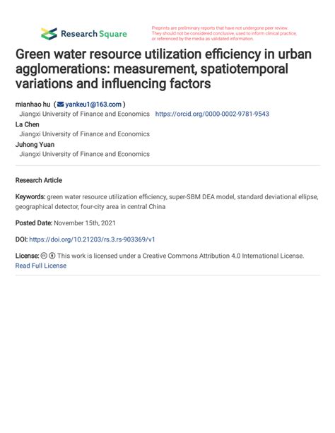 Pdf Green Water Resource Utilization Efficiency In Urban Agglomerations Measurement
