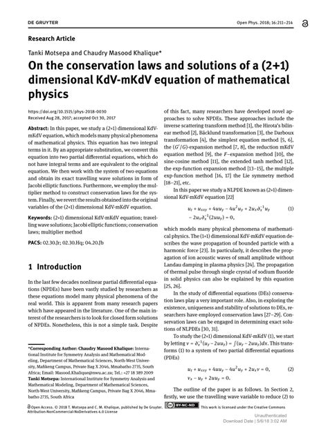 Pdf On The Conservation Laws And Solutions Of A 21 Dimensional Kdv Mkdv Equation Of